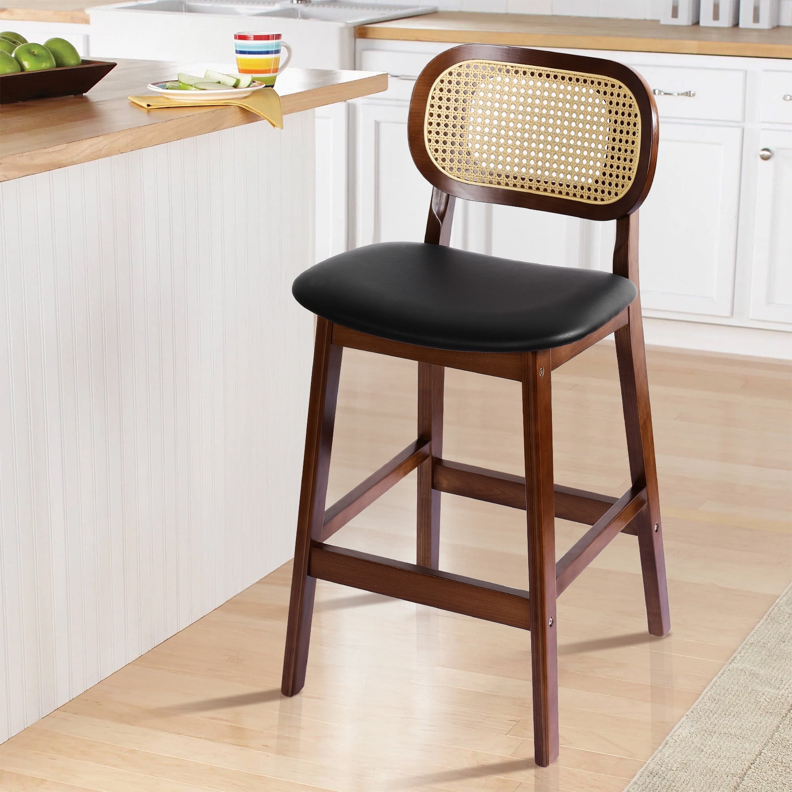 25" Bar Stools Counter Stool All Wood Frame and Rattan Back for Dining ...