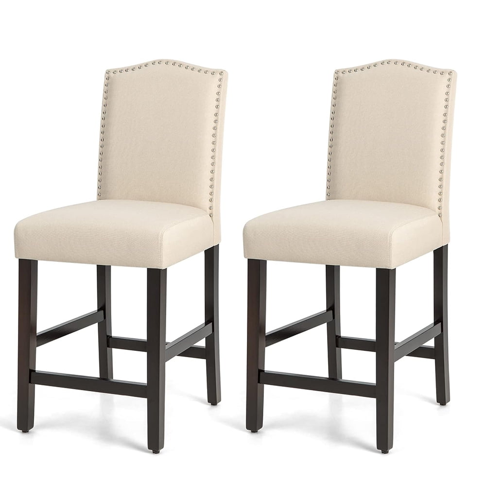 25” Bar Stools, Linen Upholstered Counter Height Chairs with Solid Rubber Wood Legs, Wood Bar ...