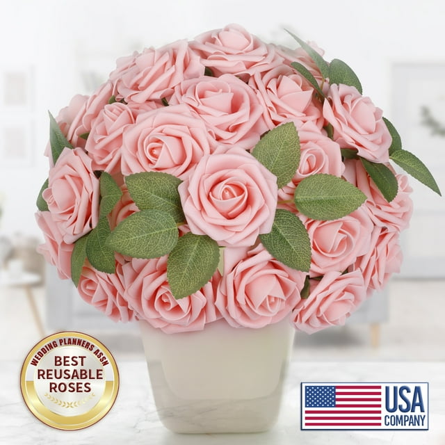 25 Blush Pink 9.5" Artificial Roses W/ Stems - Award-Winning, Gorgeous ...