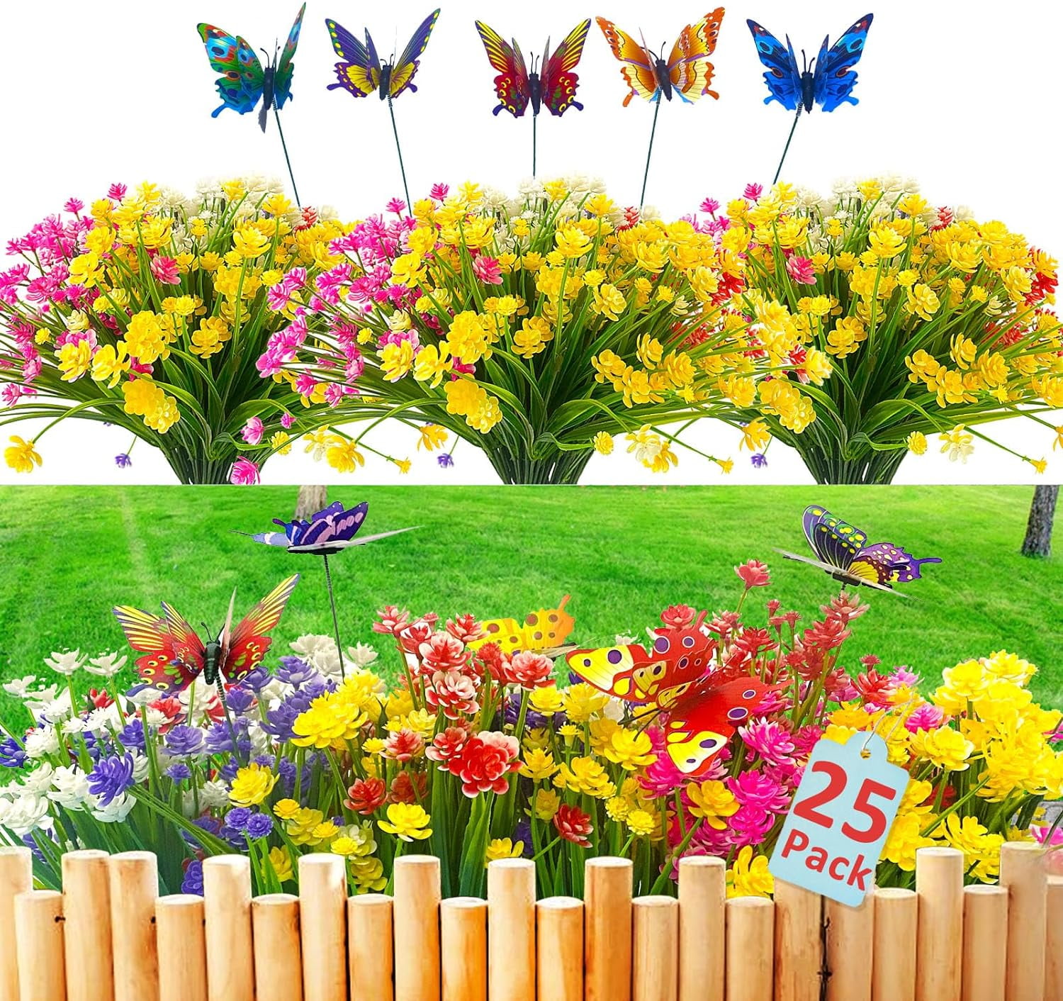 25 Bundles Artificial Flowers Outdoor Plastic Plants UV Resistant No ...