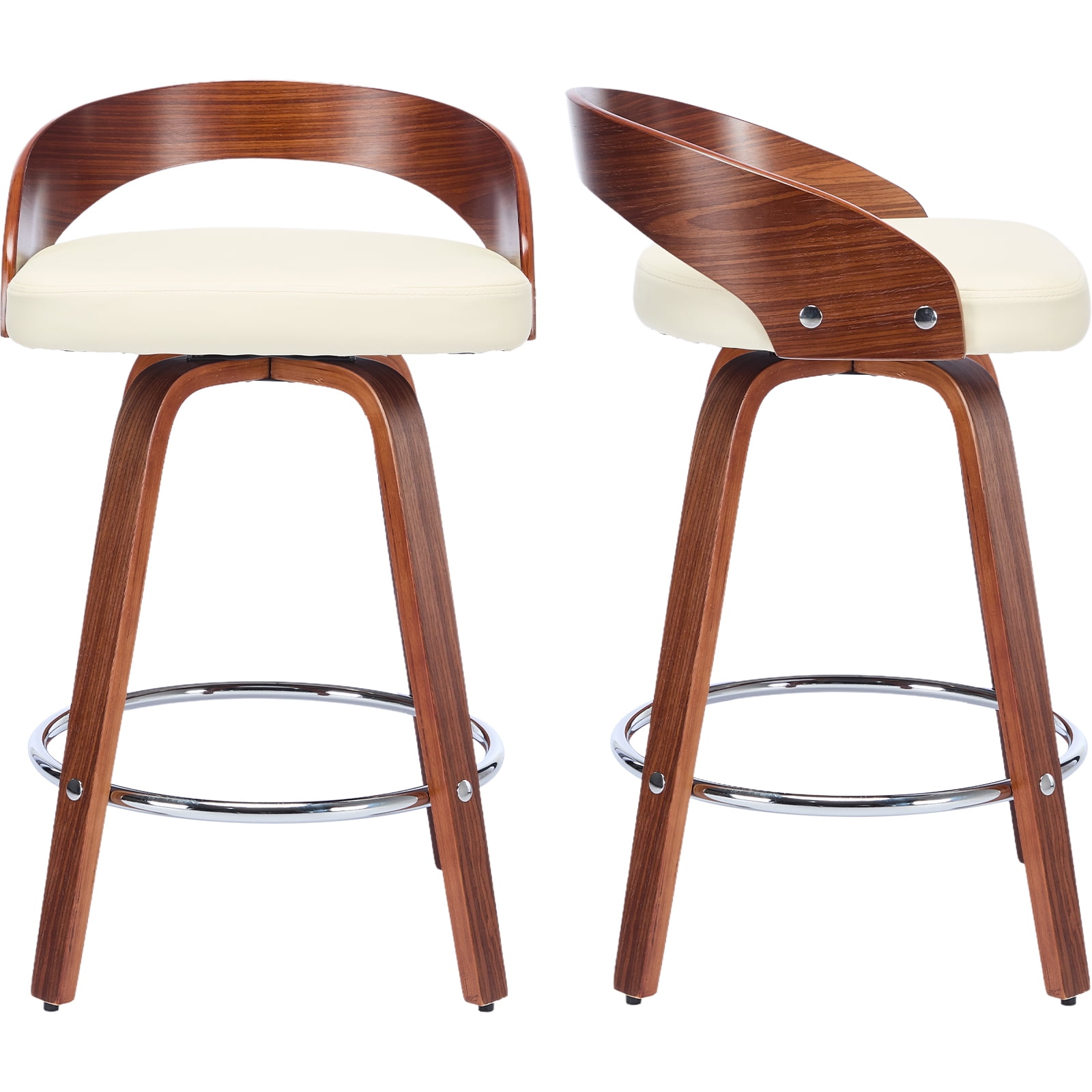 25" Counter Height Bar Stools Set of 2, Wood & PU Leather Counter ...