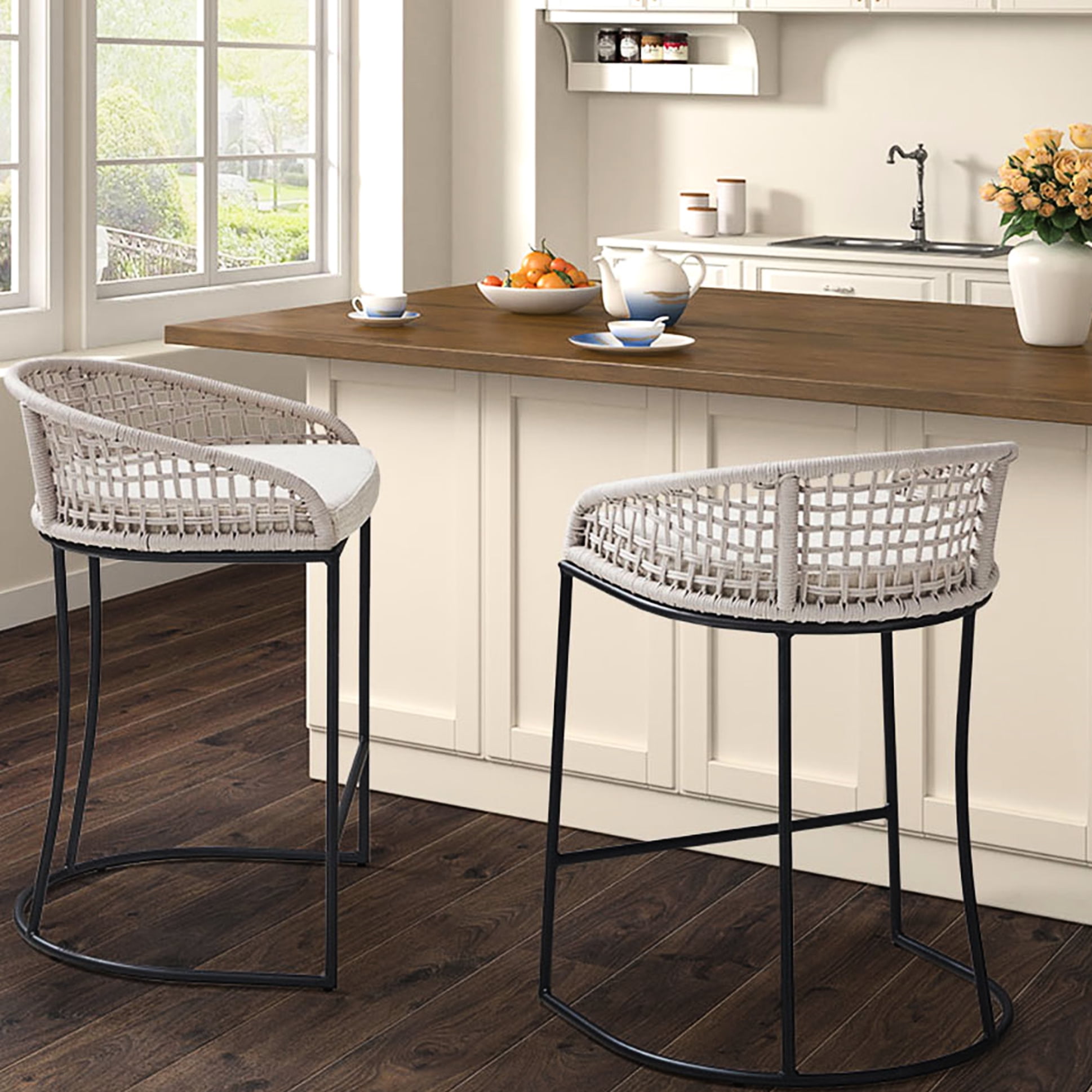 25" Counter Stool: Upholstered Seat With Woven Rope Back For A Chic ...