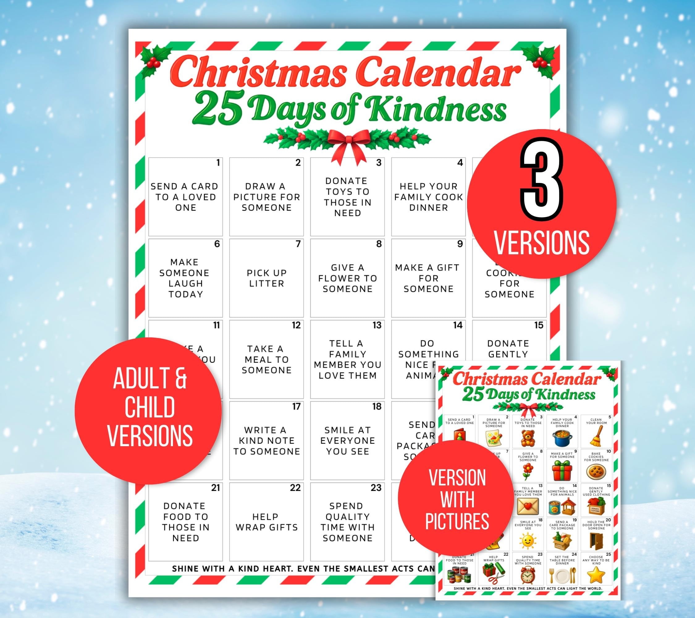 25 Days of Kindness Calendar, Christmas Kindness Challenge, Advent ...