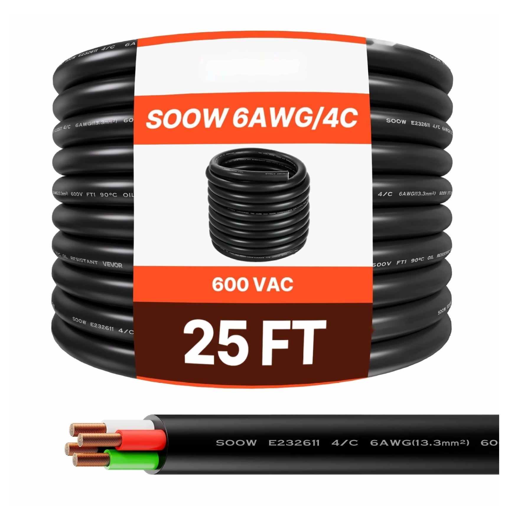 25 FT 6AWG Power Cable Extension Cord - 600V CPE Rubber - Industrial ...