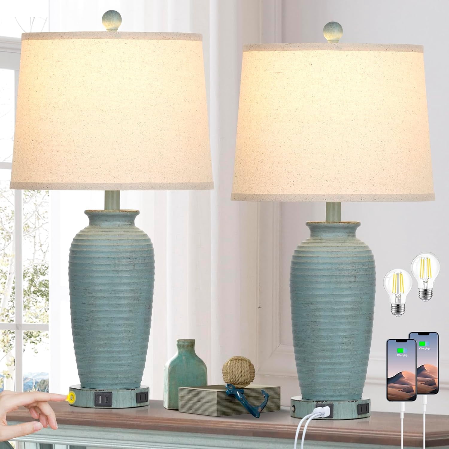 25" Farmhouse Jar Table Lamps Set of 2, 3 Way Touch Control Rustic ...