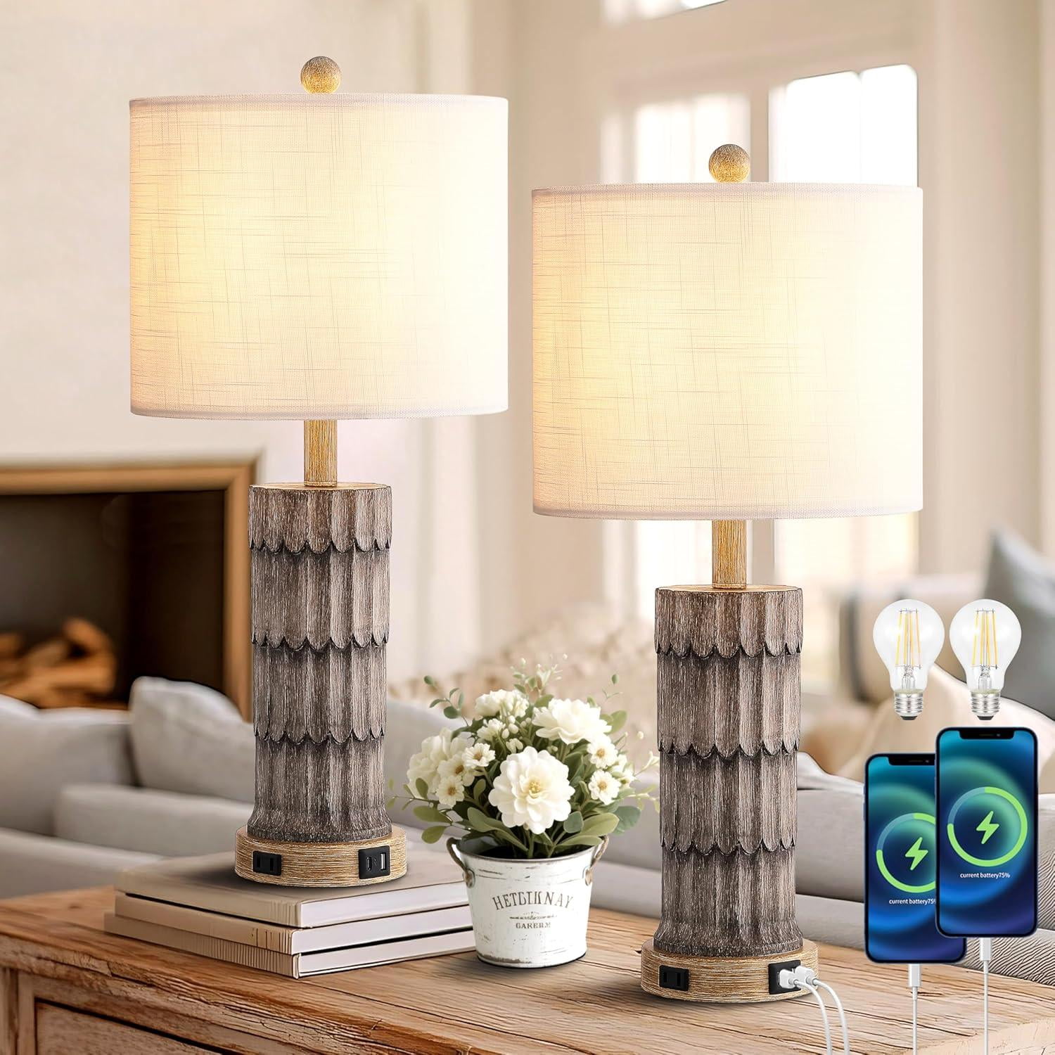 25" Farmhouse Lamps for Living Room, Set of 2 Touch Table Lamp with USB ...