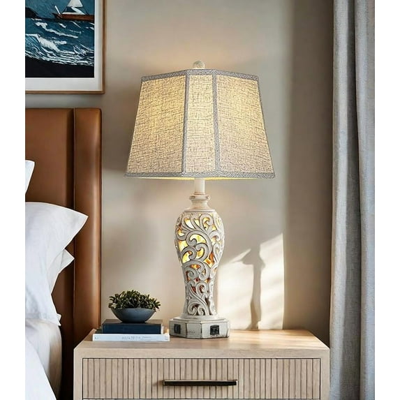 25'' Farmhouse Table Lamp for Living Room Bedroom, 2 USB Ports Vintage ...