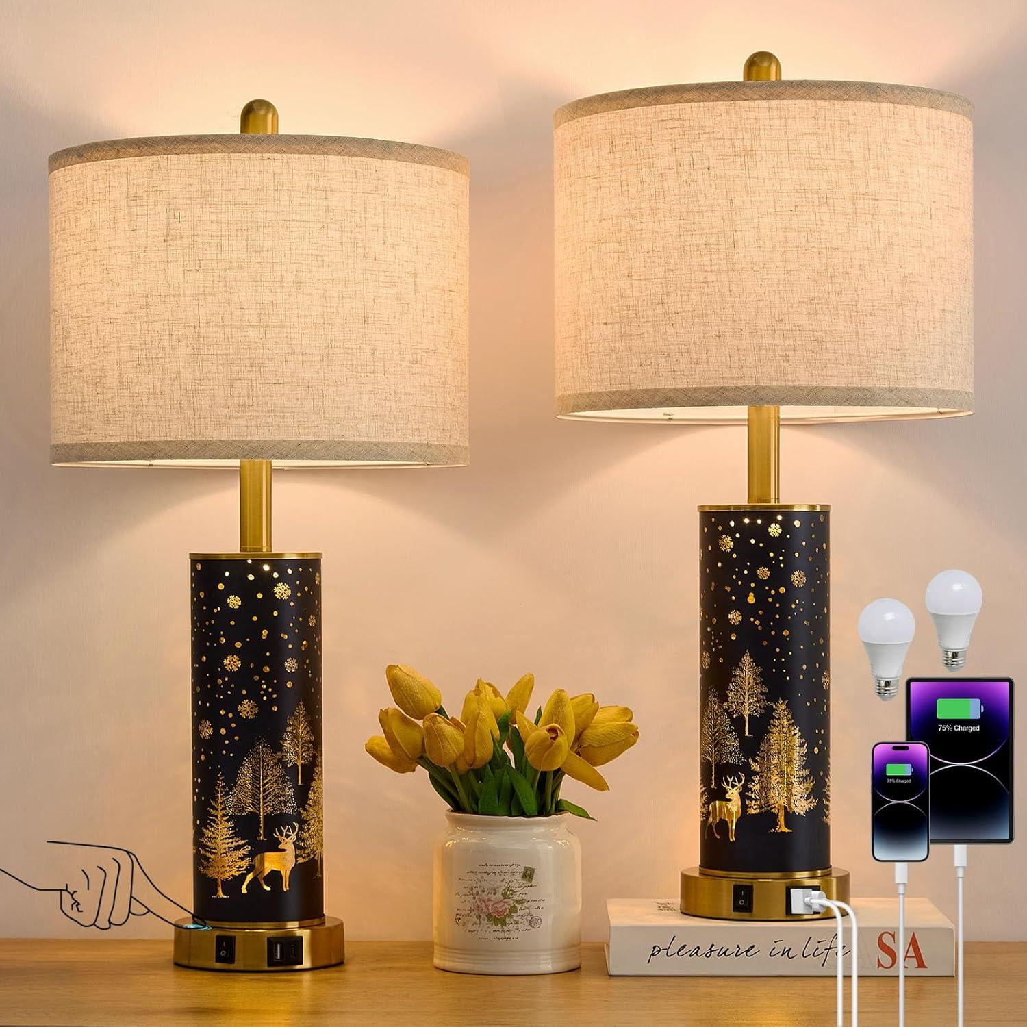 25" Farmhouse Table Lamp Set of 2, Forest Deer Accent Lamp with ...