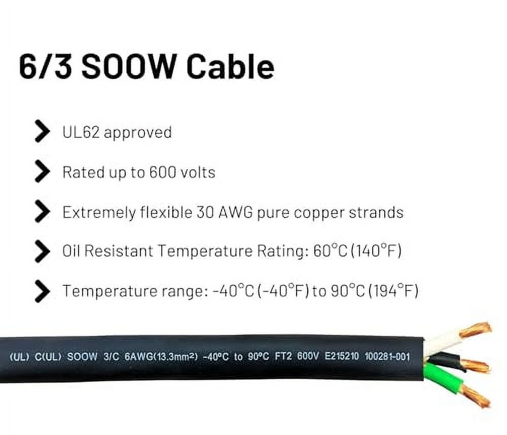 25 Feet 6/3 SOOW Cable Cord 6 AWG 3 Conductor SO Wire - 6 Gauge 3 ...