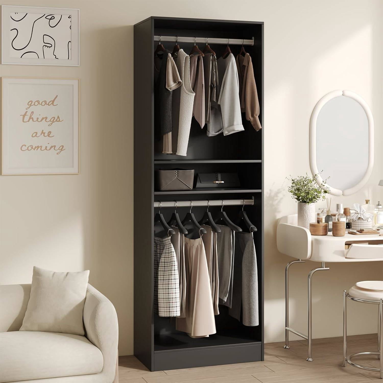 25" Freestanding Closet System with Shelves and 2 Hanging Rods, Wood ...