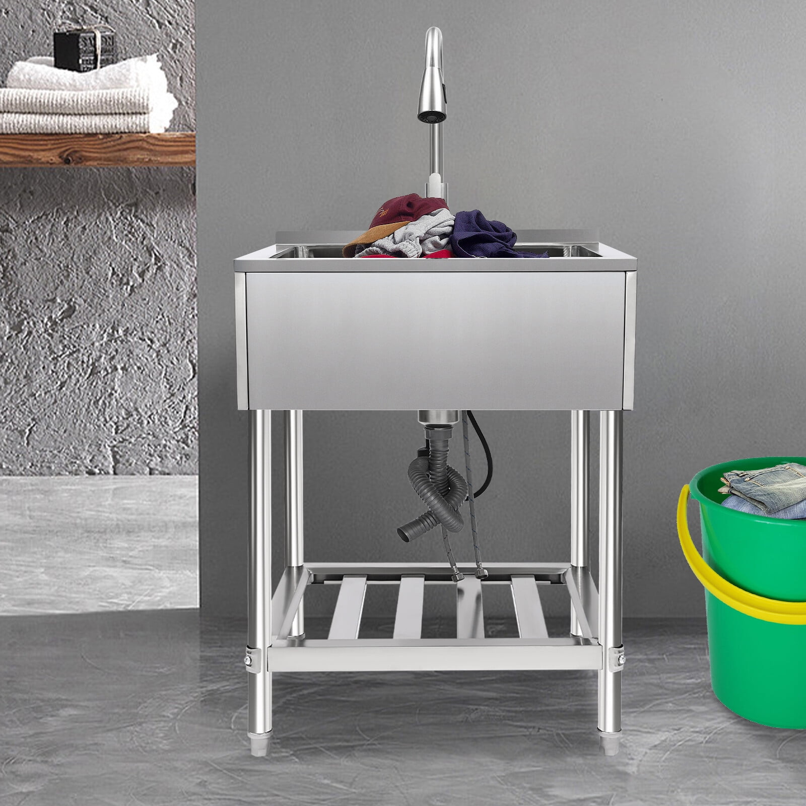 25" Freestanding Stainless Steel Hand Wash Sink with Storage Shelf ...