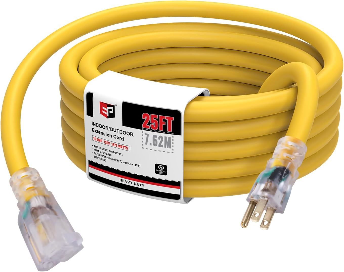 25 Ft 125V Yellow Lighted Outdoor Extension Cord UL Listed 10/3 SJTW ...
