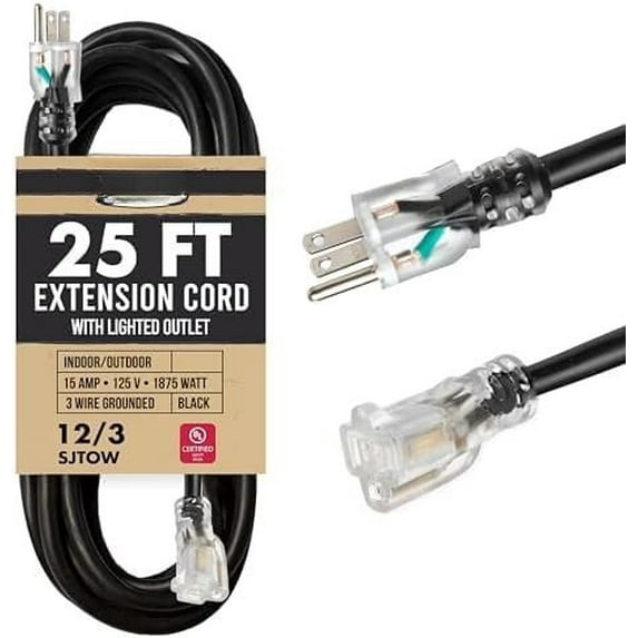 25 Ft Black Oil Resistant Extension Cord for Farms & Ranches - 12/3 ...
