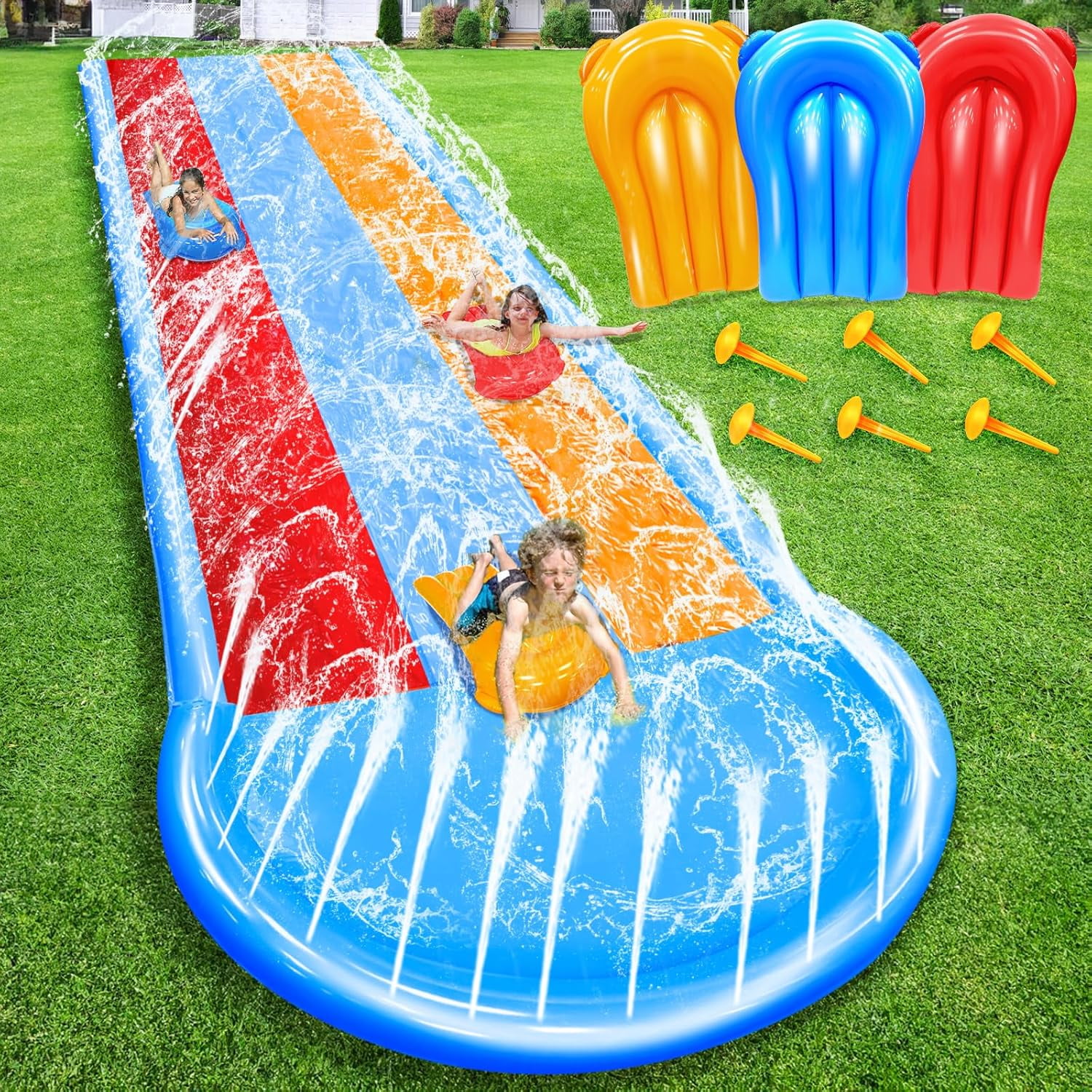25 Ft Extra Long n Width Triple Slip Water Slide with 3-Way Sprinklers ...
