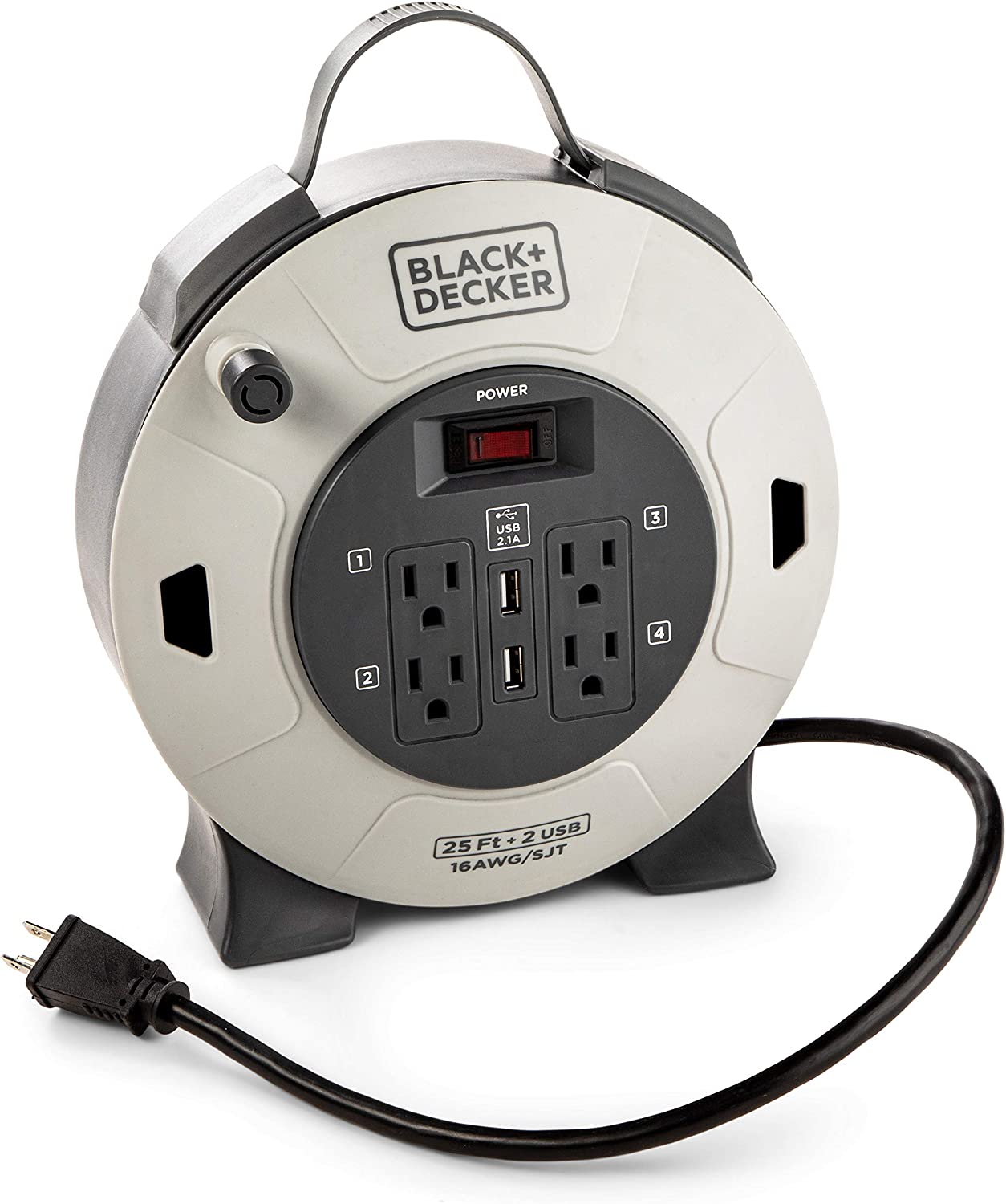 25 Ft. Retractable Extension Cord Reel With 4 Outlets, 2 USB Ports ...