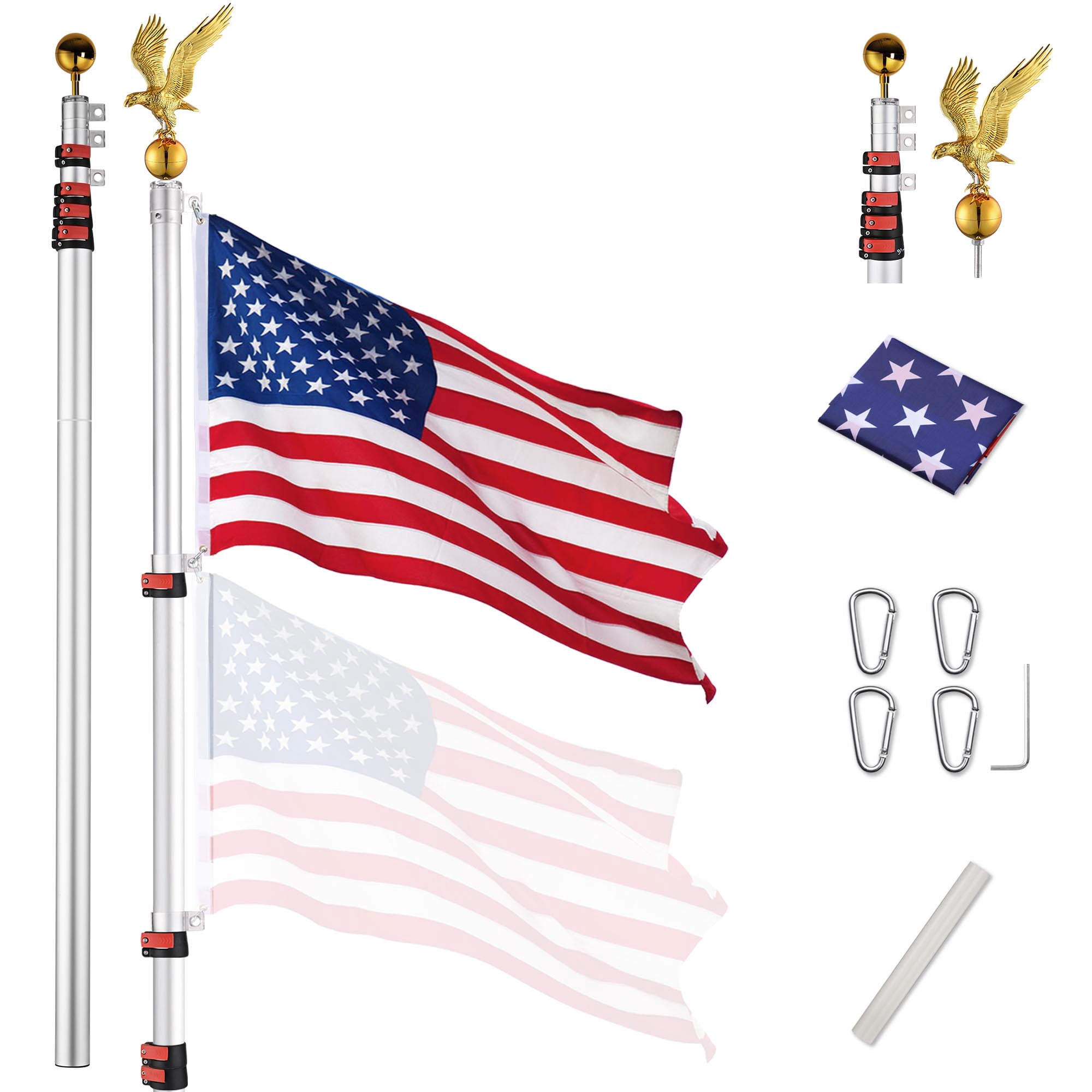 25 Ft Telescopic Aluminum Flag Pole Kit w/ Gold Ball & Eagle Topper 3x5 ...