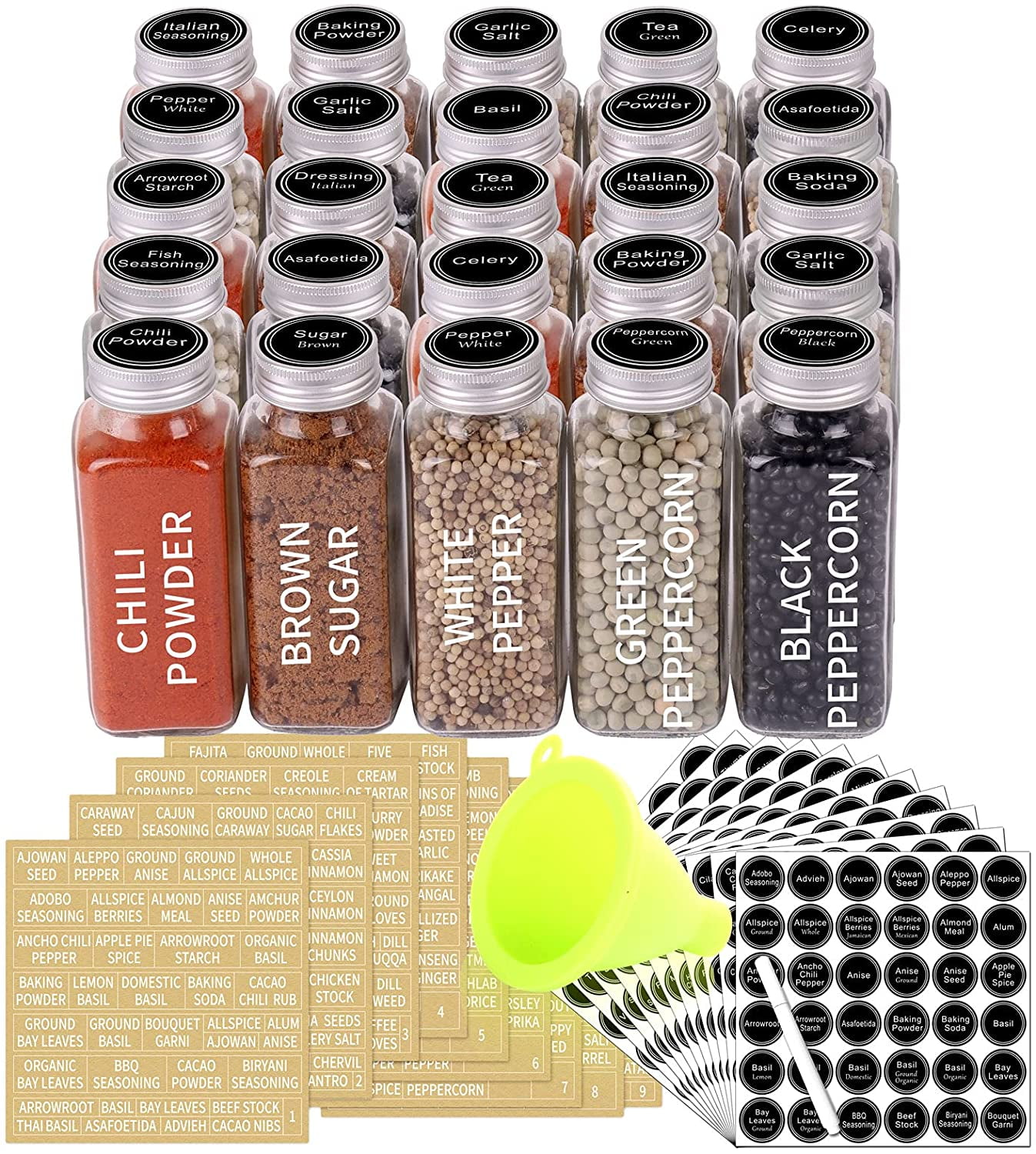 25 Glass Spice Jars 8 oz Empty Spice Bottles with 713 Spice Labels ...