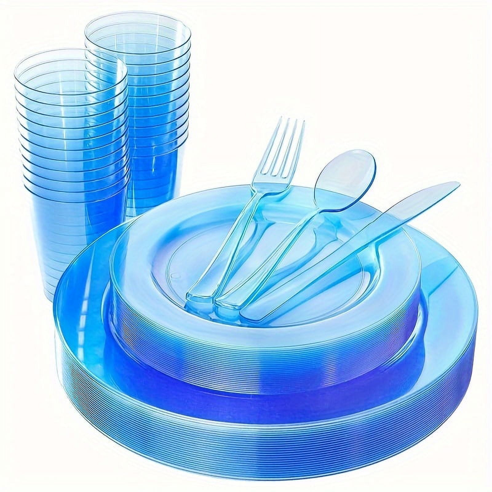 25 Guest Blue Plates with Disposable Plastic Silverware&Blue Cups-Neon ...
