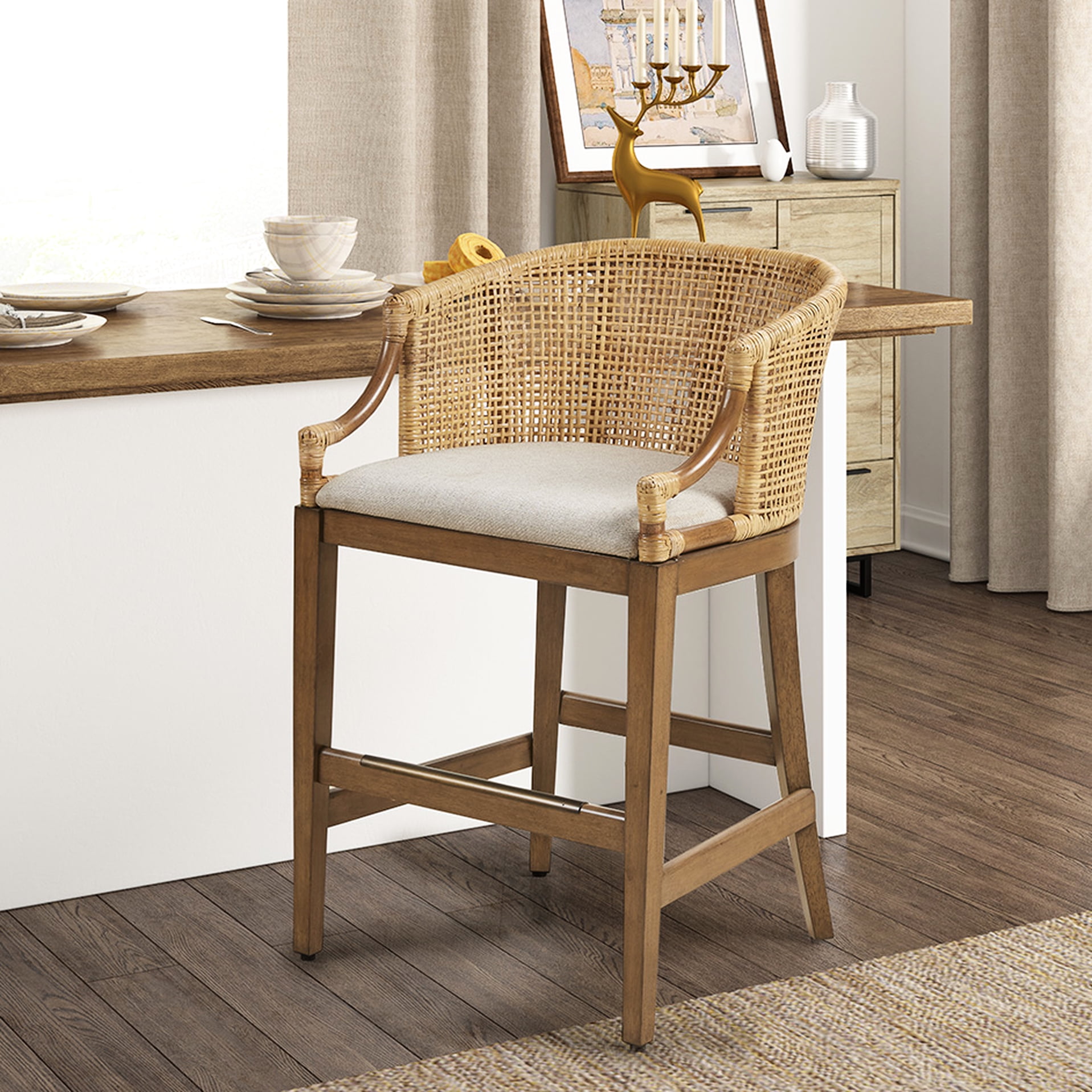 25" H Counter Stool With Cushioned Linen Seat And Stable Build Crafted ...