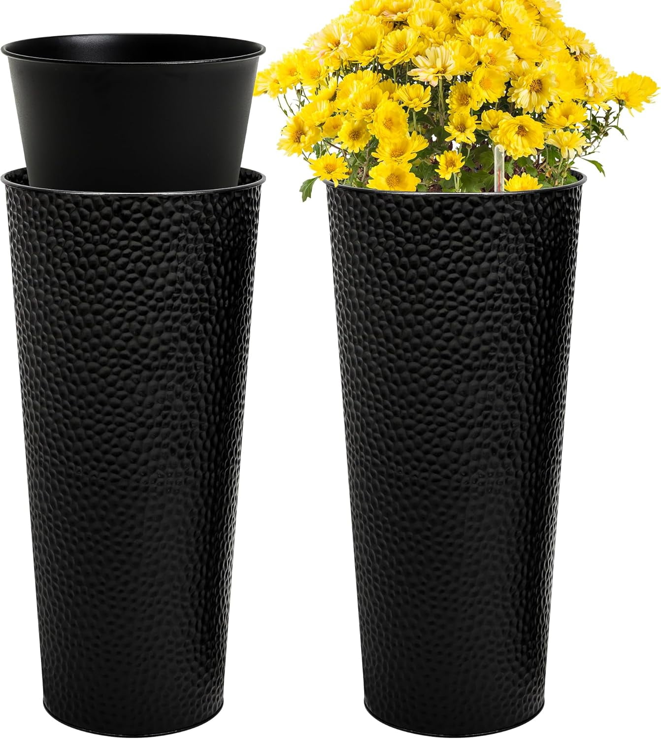 25" H. Metal Hand-Hammered Planters with Inner Pots 2-Pack, Bronze ...