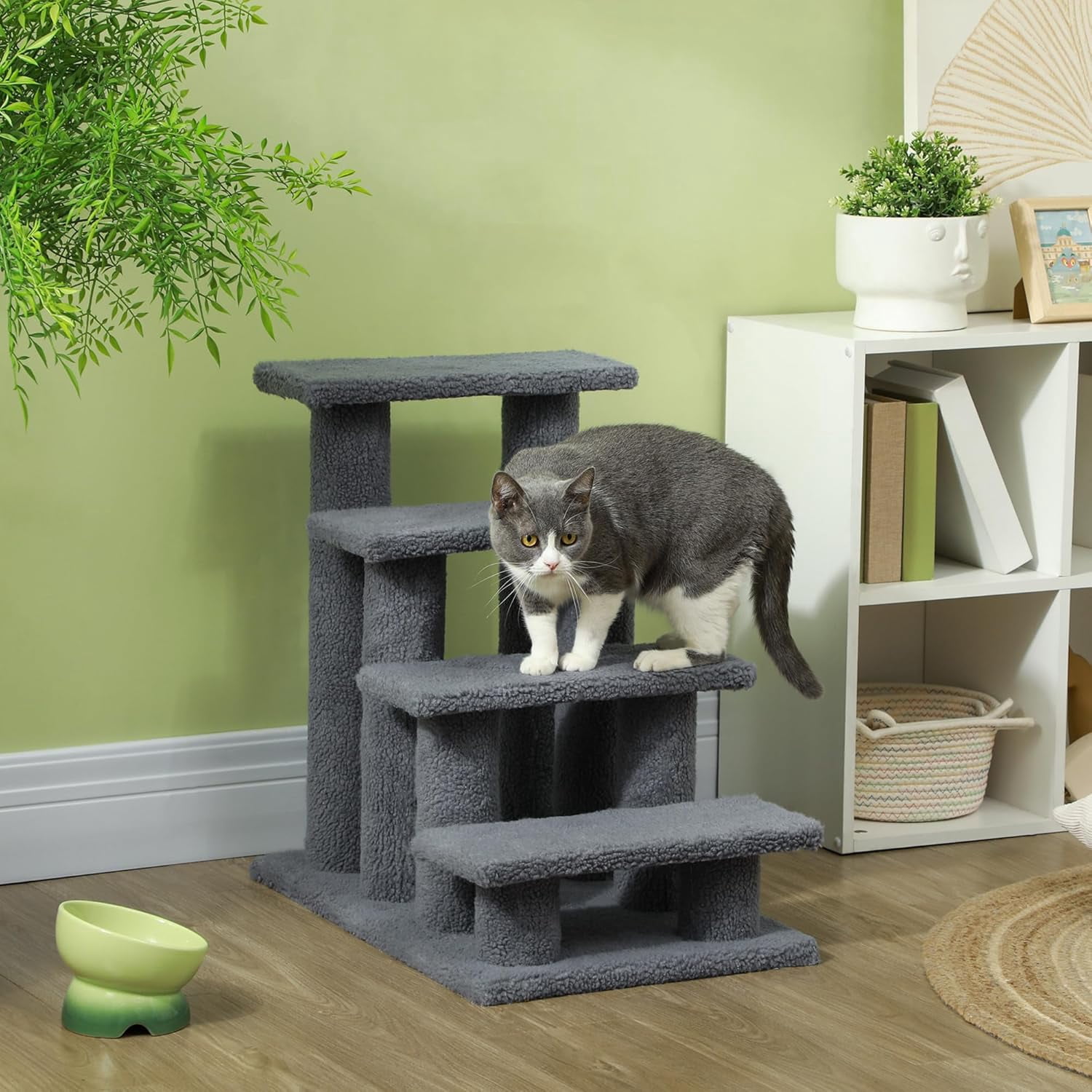 25 Inch 4-Step Carpeted Cat Stairs with Scratching Posts for Small and ...