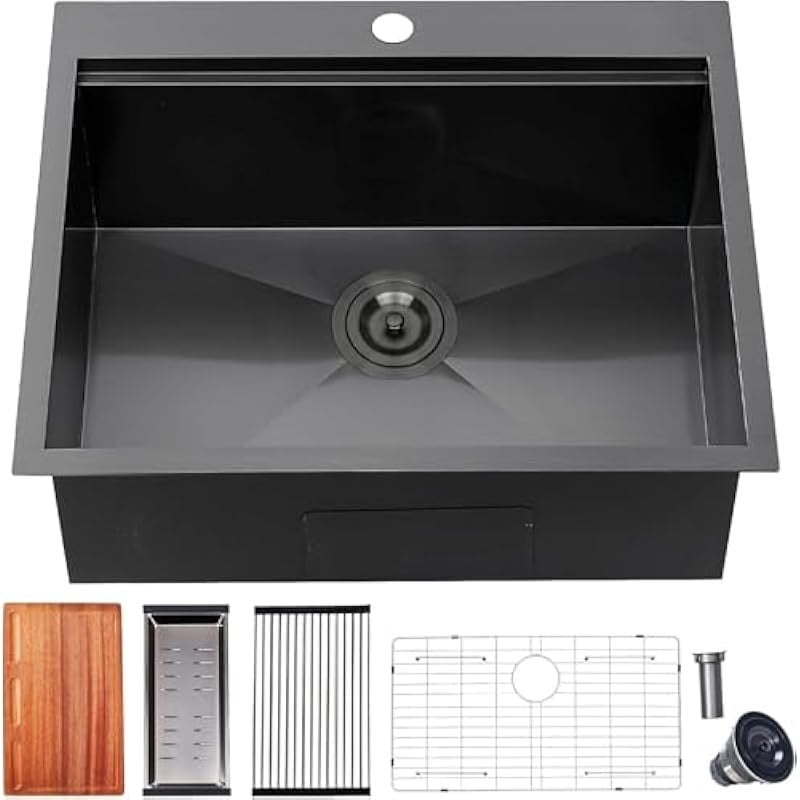25 Inch Black kitchen Sink Drop in 25x22 Topmount Ledge Workstation ...