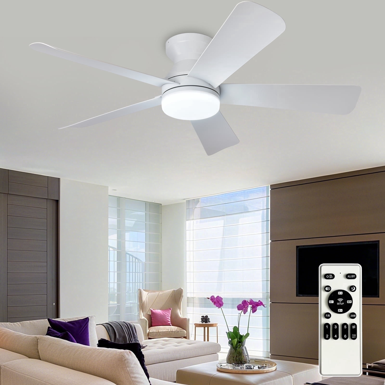 25-Inch Low Profile Ceiling Fan with Light - Dimmable LED, 6-Speed and ...