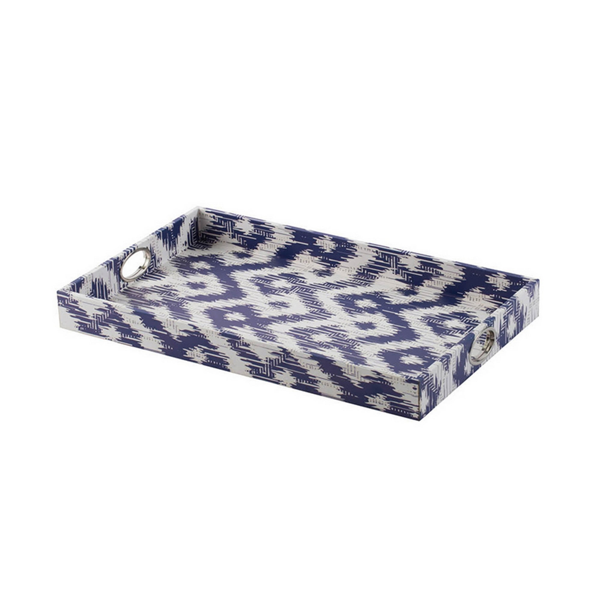 25 Inch Set of 2 Decorative Trays, Ikat Blue, White Faux Leather ...