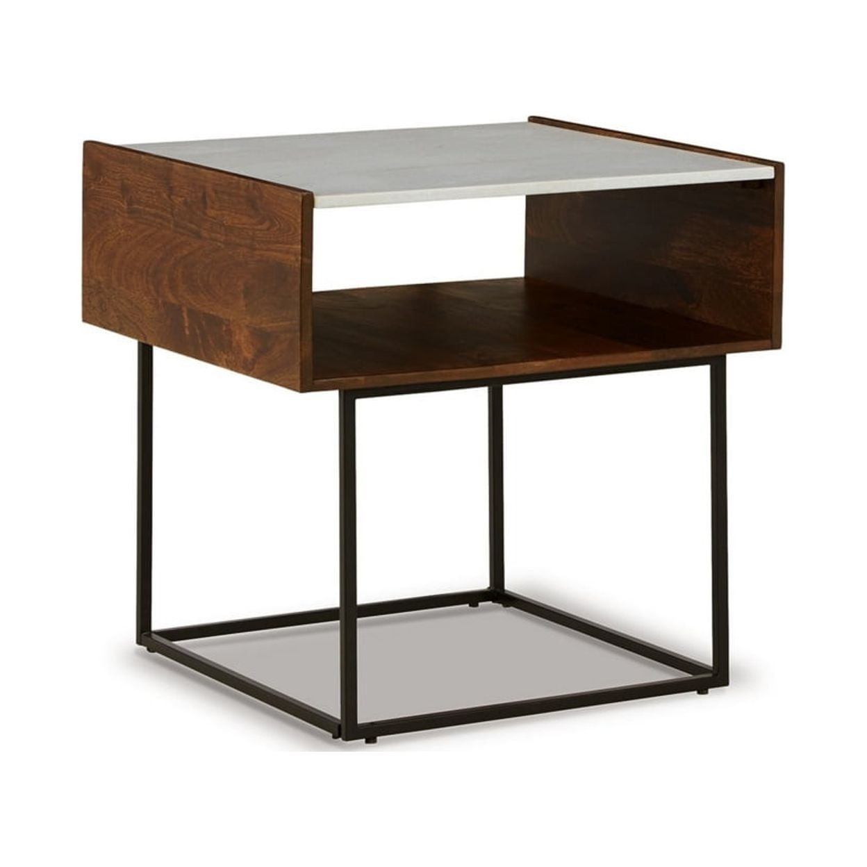 25 Inch Side End Table White Marble Top Brown Wood Black Metal Base ...