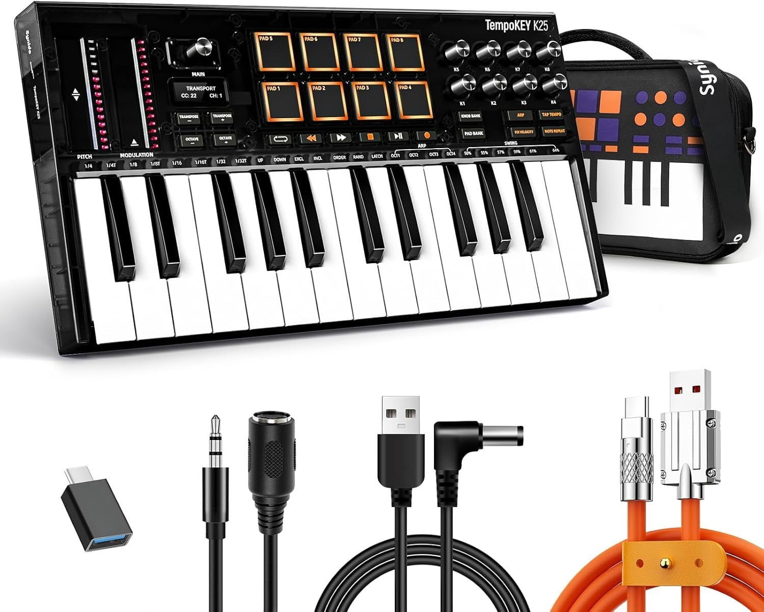 25 Key MIDI Keyboard Controller with 8 Drum Pads, Professional Mini ...