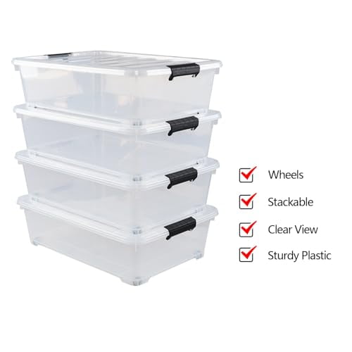 25 L Plastic Sturdy Rolling Under Bed Storage Container Bins, Clear ...