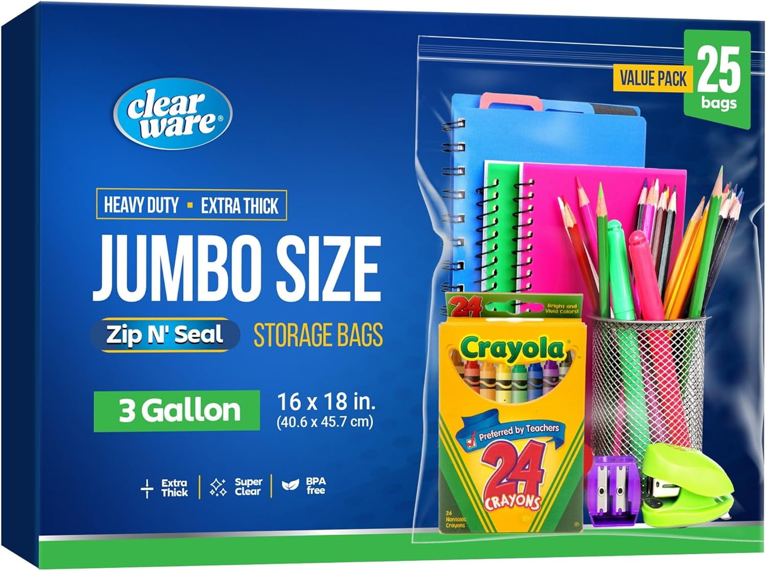 25 Large Plastic Bags With Zipper Top - 3 Gallon, 16" x 18", Extra ...