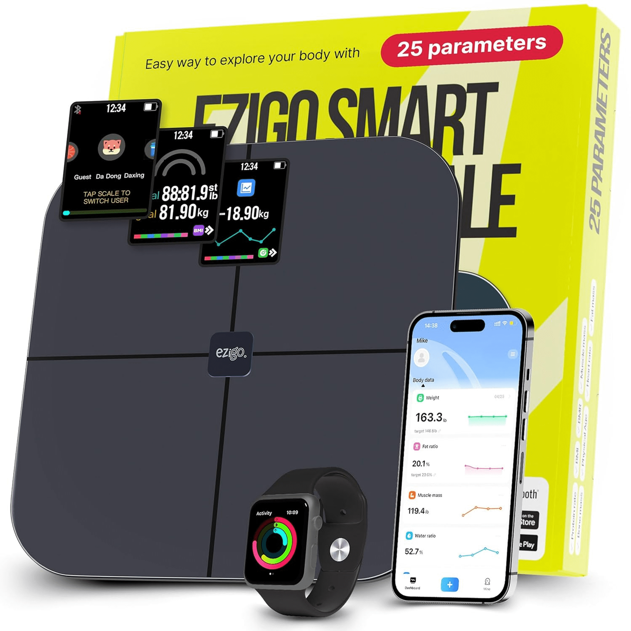 25 Metrics EziGo Black Digital Bathroom Smart Scale with BMI ...