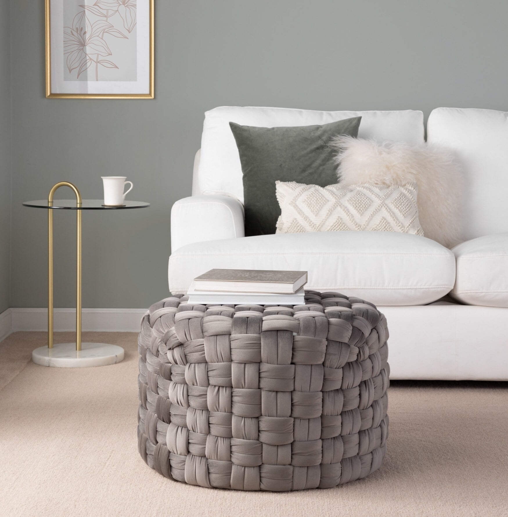 25" Modern Multi-purpose Velvet Braided Round Ottoman Footrest for ...