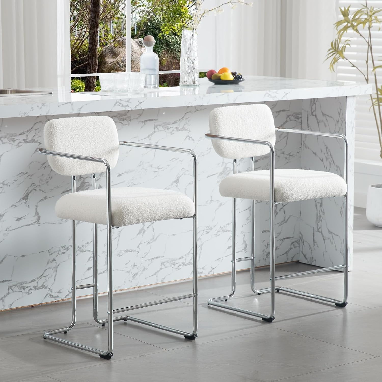 25” Modern White Boucle Counter Stools Set of 2, Upholstered Bar Stools ...