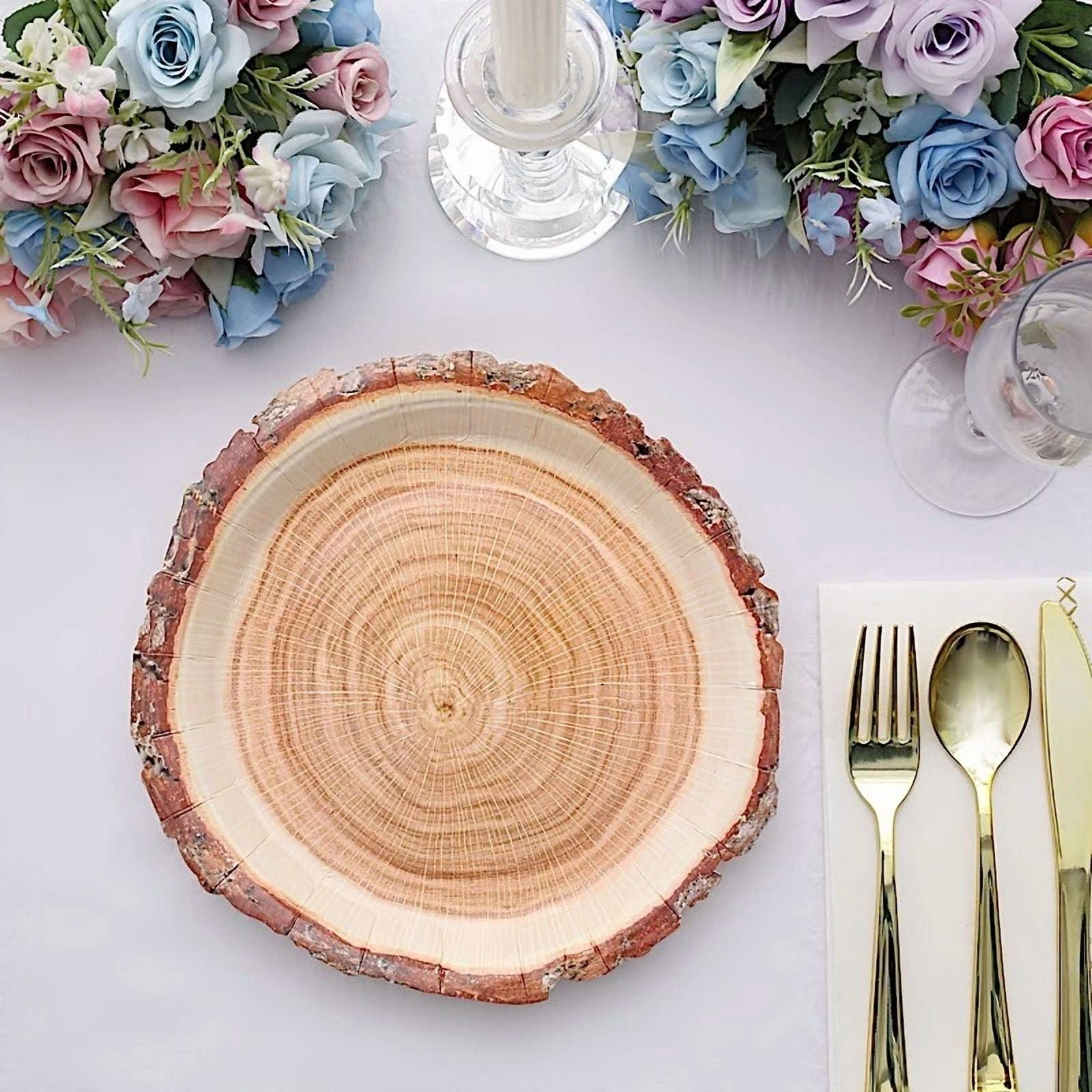 25 Natural 10 In Round Disposable Paper Plates Wood Slice Design Party ...