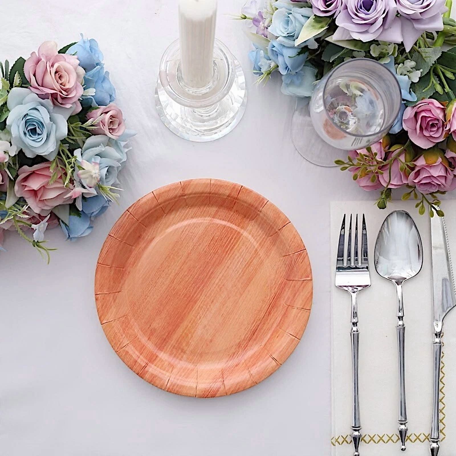 Vigor - 25 Natural 7 In Round Disposable Paper Plates Wood Grain Design ...