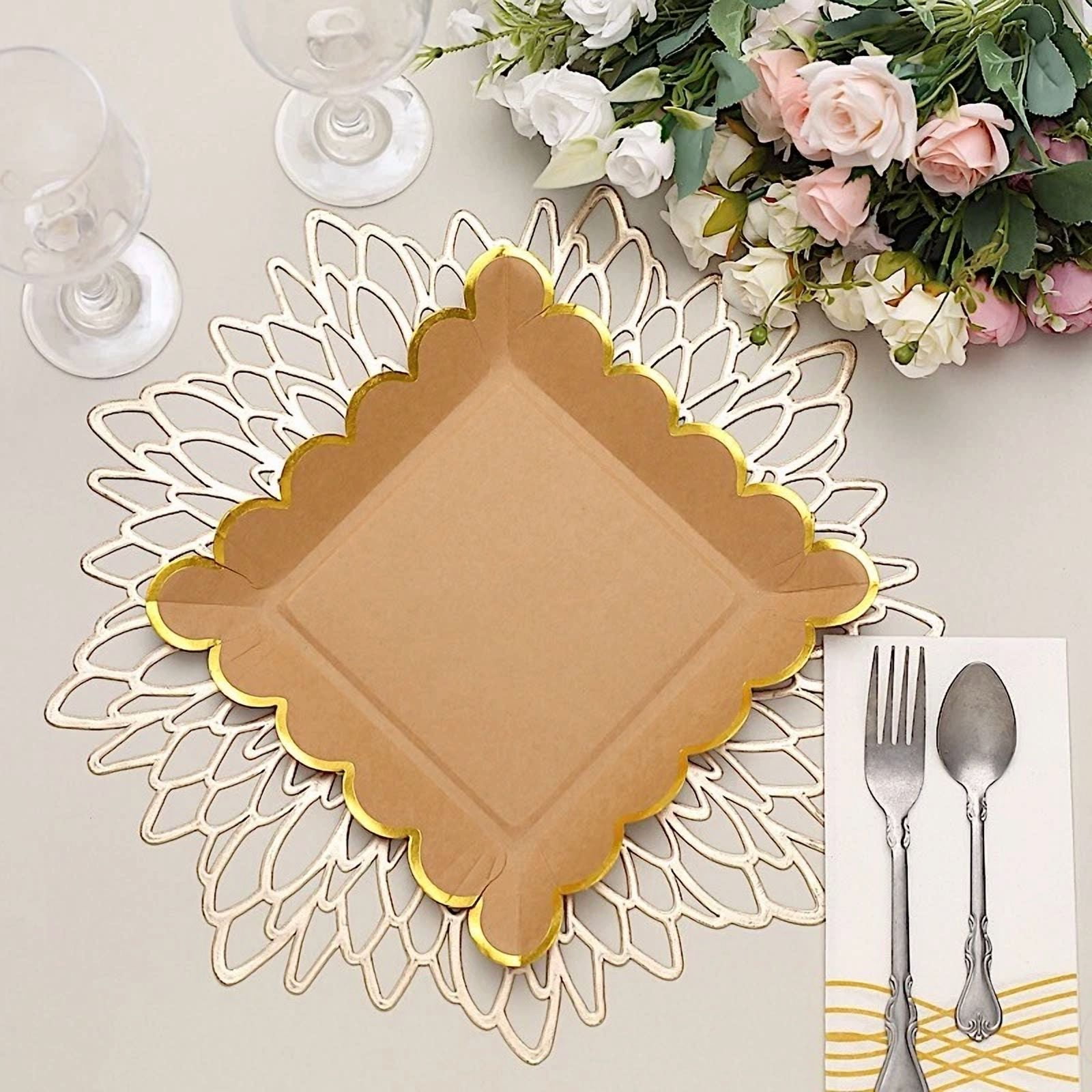 25 Natural 9" Square Disposable Dinner Paper Plates Gold Scalloped Trim ...
