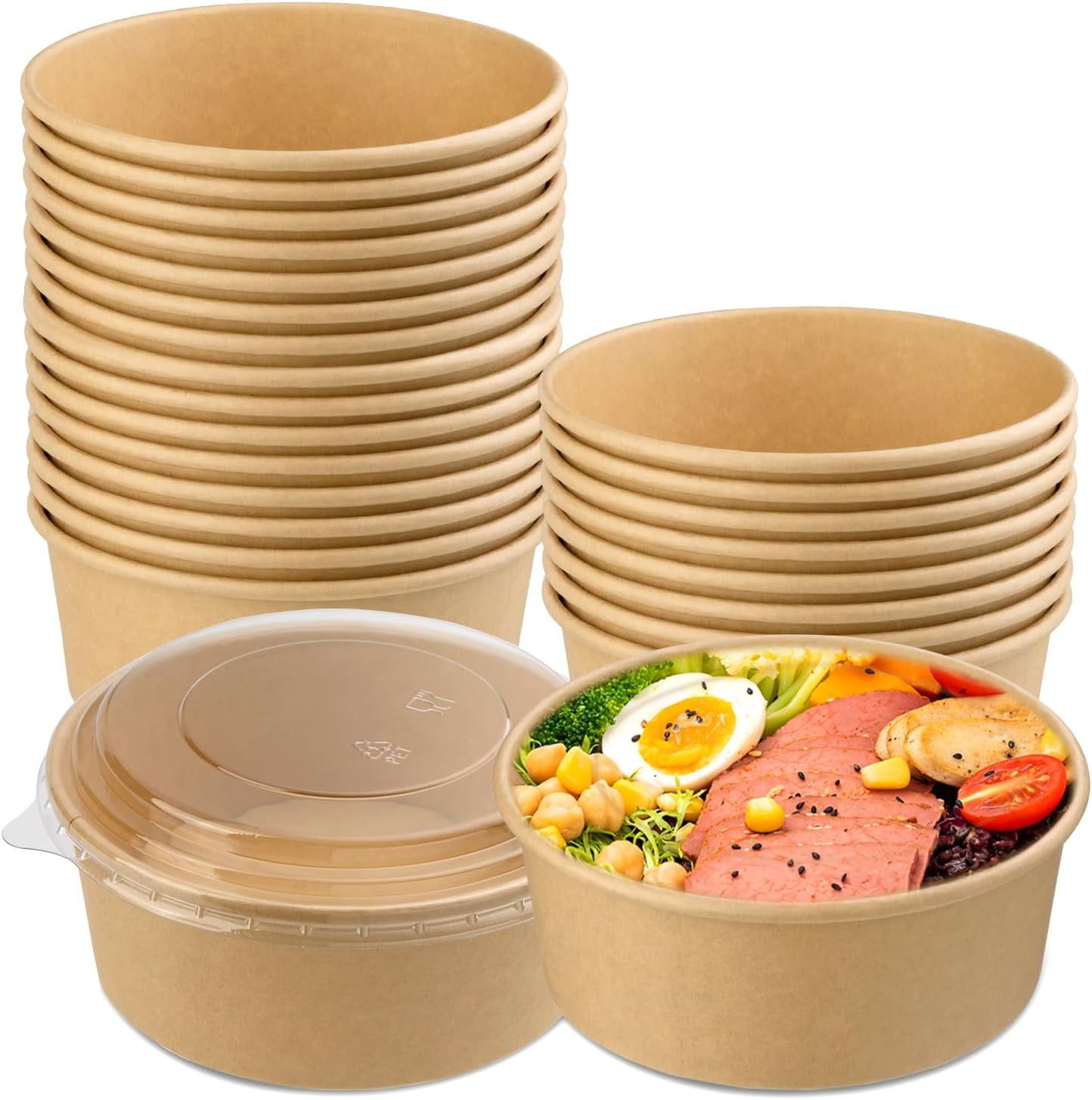 25 OZ Disposable Bowls with Lids 25 Pack, Large Kraft Paper Salad Bowls ...