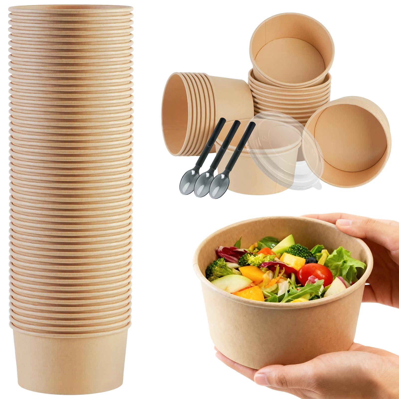 25 Oz Disposable Paper With Lids And Spoon 48 Sets Meal Prep Containers ...