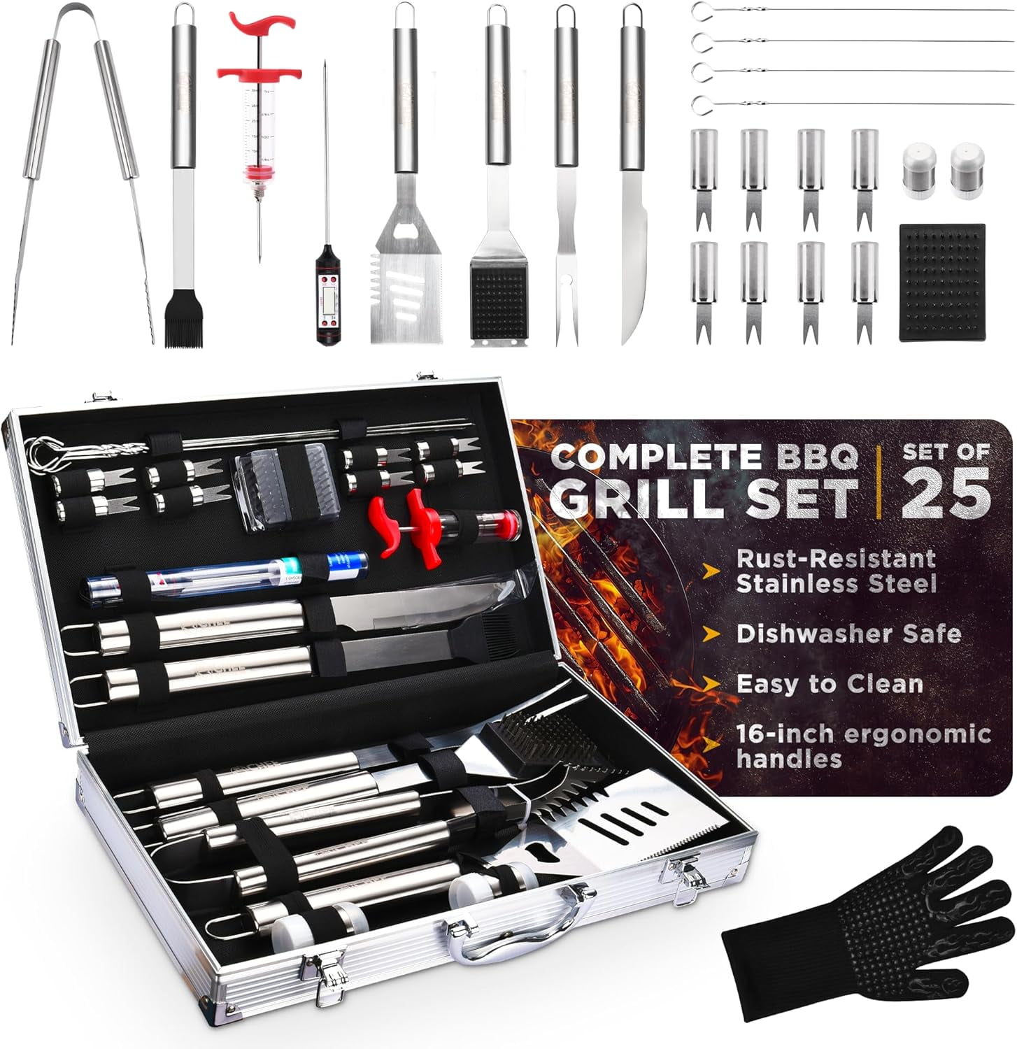 25 PC BBQ Grill Accessory Set - Outdoor Grill Accessories - Grilling Gifts for Men - Heavy-Duty ...