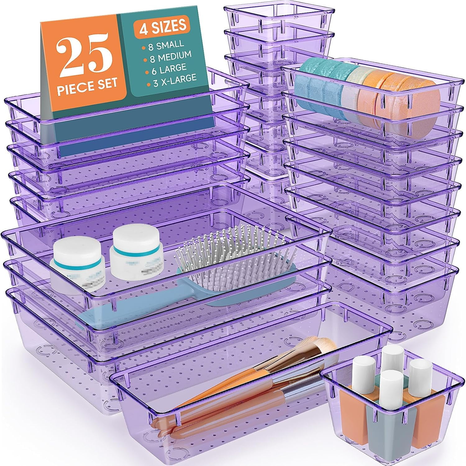 25 PCS Clear Plastic Drawer Organizer Set, 4 Sizes Desk Drawer Divider ...