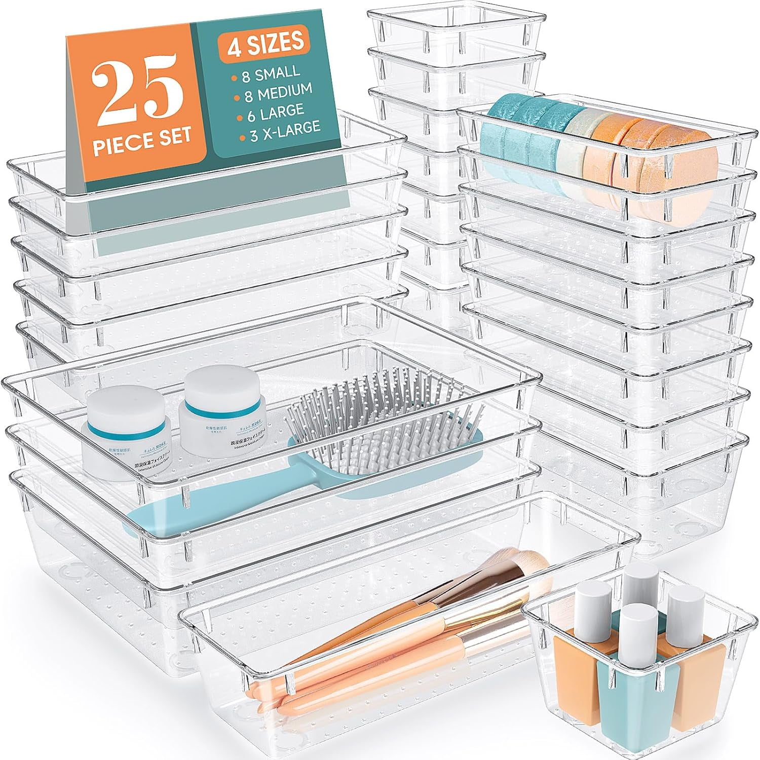 25 PCS Clear Plastic Drawer Organizer Set, 4 Sizes Desk Drawer Divider ...