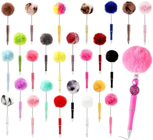 25 PCS Fluffy Beadable Pens with Pom Poms – DIY Fuzzy Beaded Ballpoint ...