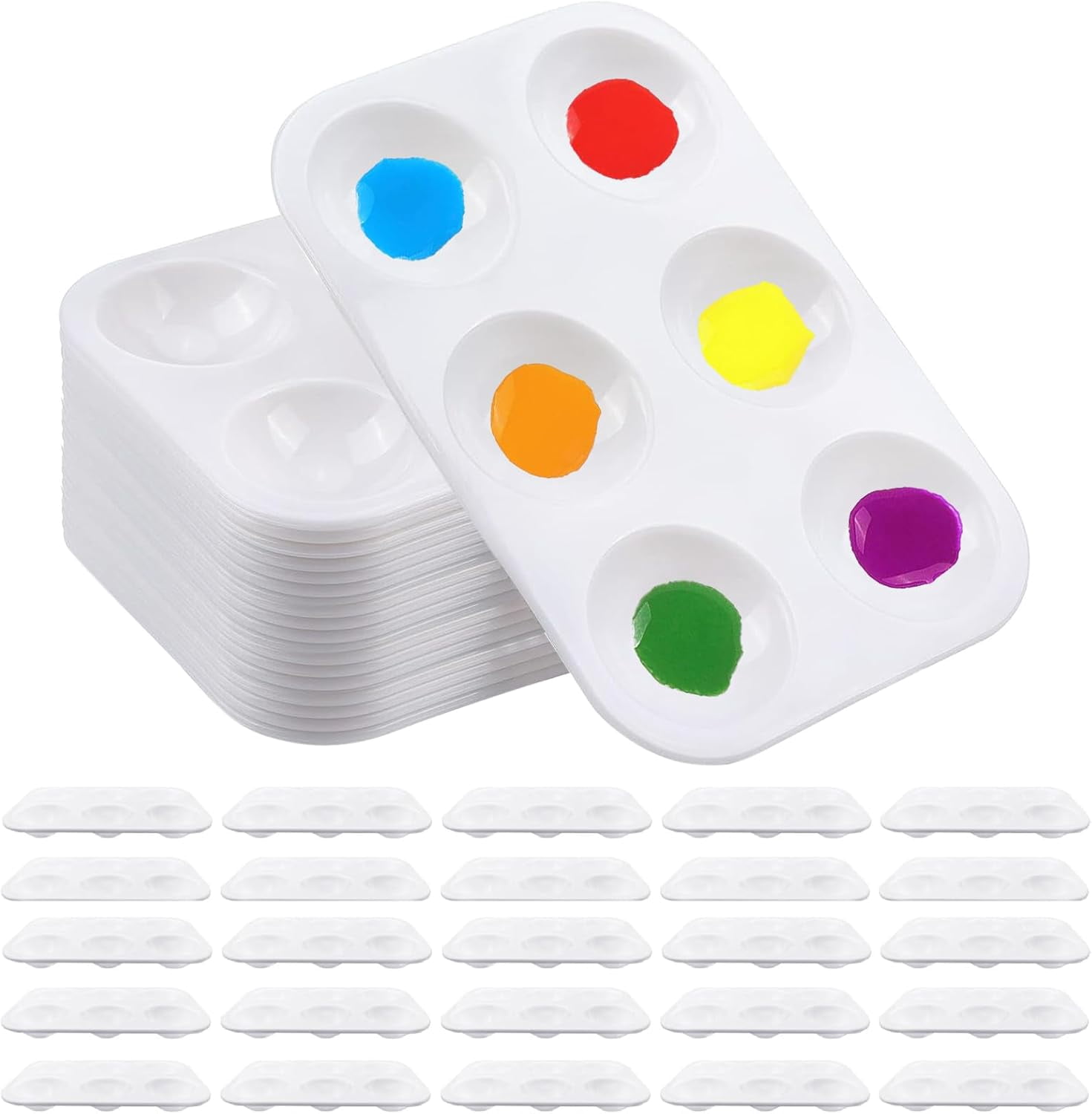 25 PCS Plastic Paint Palettes, 6 Wells Rectangular White Tray Palettes ...