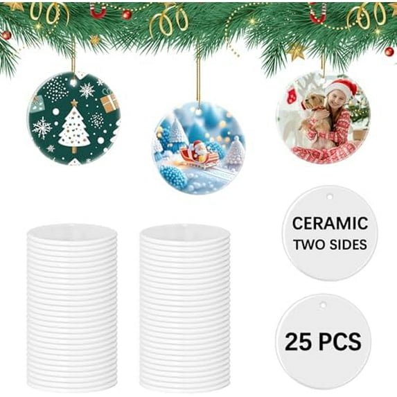 25 PCS Sublimation Ceramic Ornament Blank 3 inch White Round Christmas ...