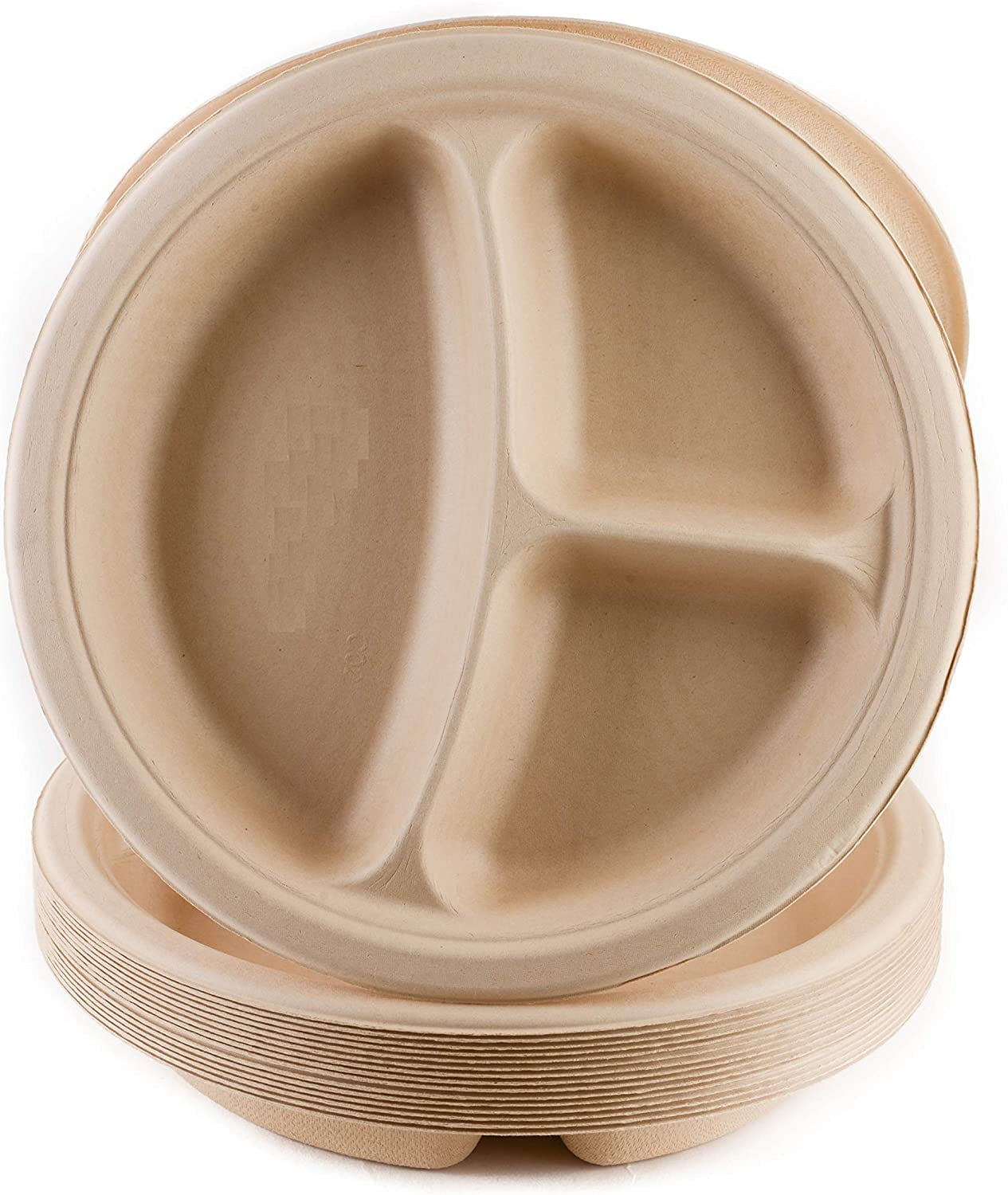[25 Pack] 10 inch 3-Compartment Round Disposable Plates - Biodegradable ...