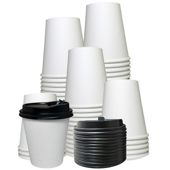 [150 Pack] 12oz White Disposable Paper Coffee Cups with White Flat Lids ...