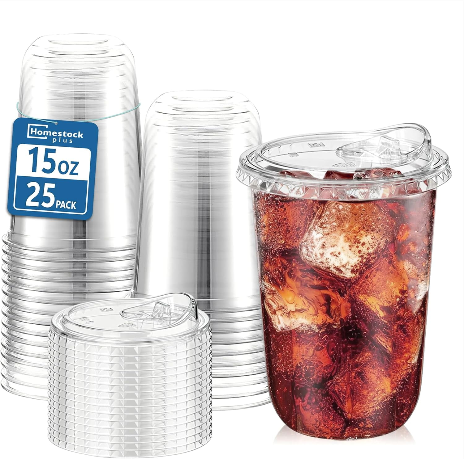 25 Pack 15 oz BPA-Free Clear Plastic Cups with Strawless Sip Lids ...