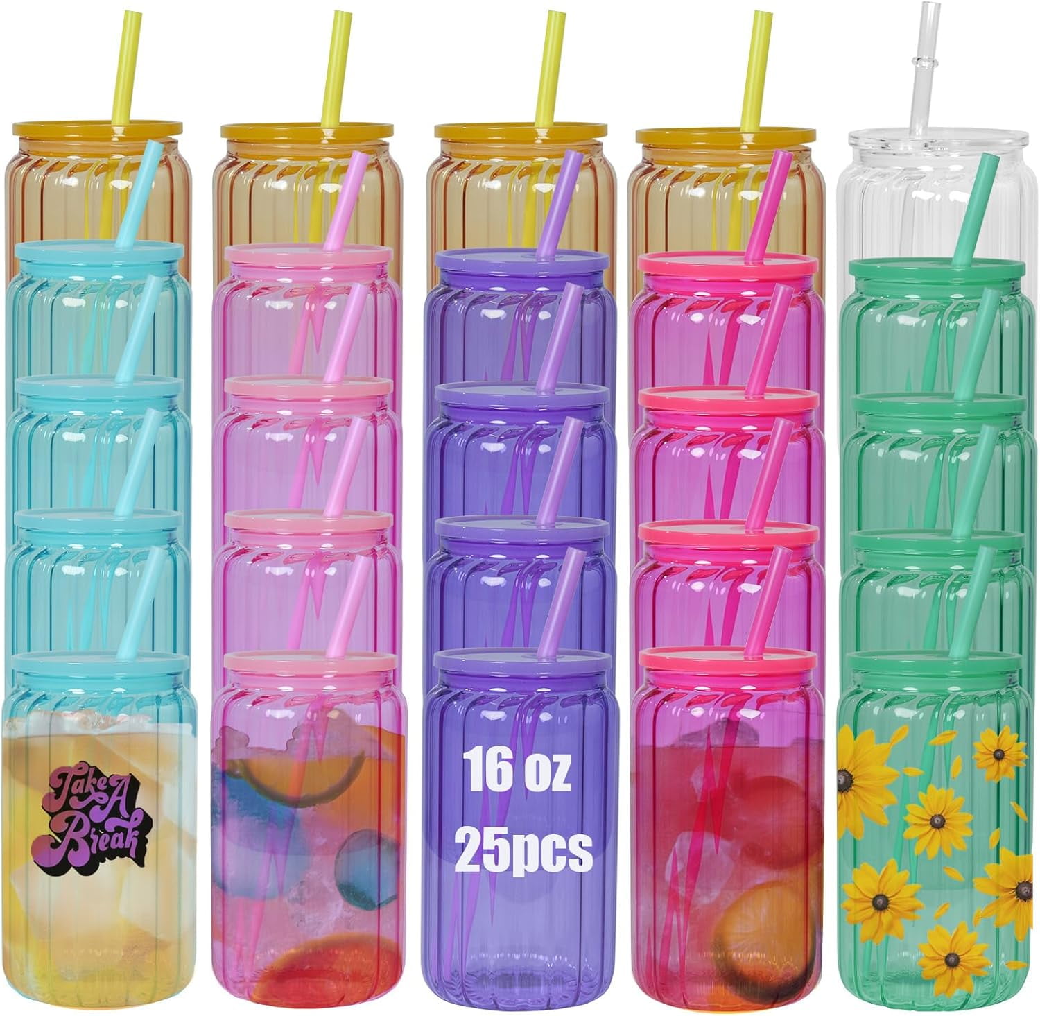 25 Pack 16 OZ Sublimation Glass Cups with Lids and Straws, Inner Stripe ...
